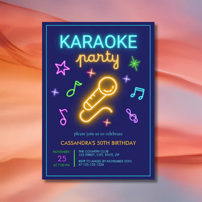 Neon Glow Music Karaoke Birthday Invitation | Zazzle