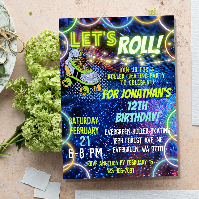 Neon Green Blue Boy Lets Roll Roller Skating Party Invitation | Zazzle