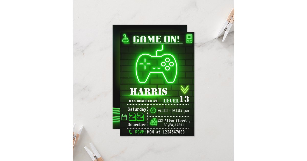 Neon Green Gamer Birthday Party Invitation | Zazzle