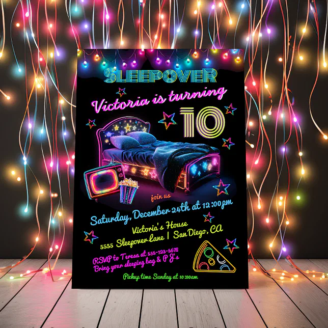 Neon Sleepover Pajama Party Birthday Invitation | Zazzle