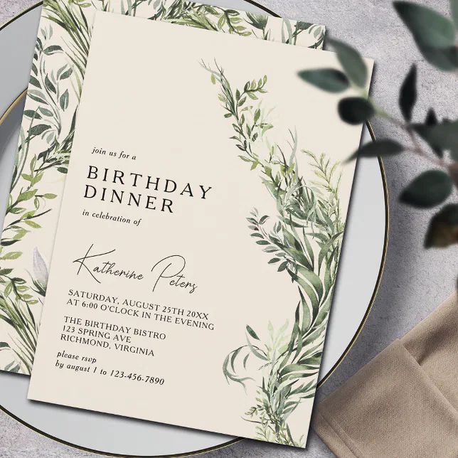 Neutral Cream Ivory Chic Botanical Birthday Dinner Invitation | Zazzle