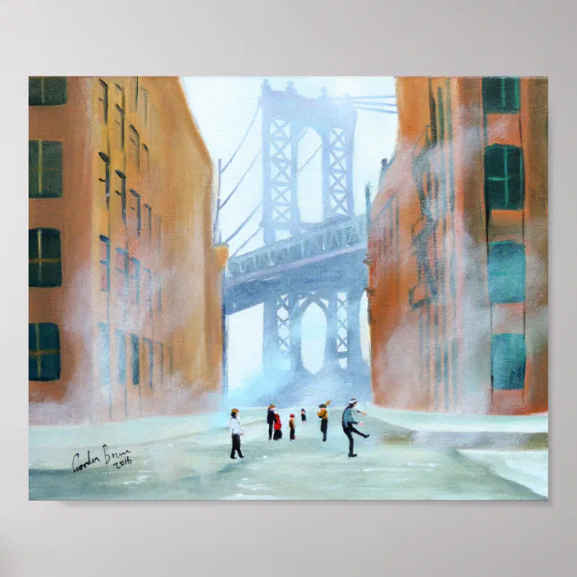New York stickball Brooklyn Bridge Gordon Bruce ar Poster | Zazzle