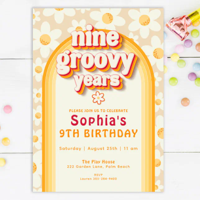 Nine Groovy Years 9th Birthday Invitation | Retro | Zazzle