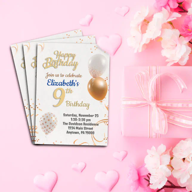 Nine years old girls birthday invitation | Zazzle