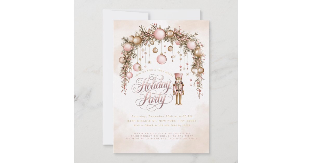 Nutcracker Rose Gold Ornaments Pink Holiday Party Invitation | Zazzle