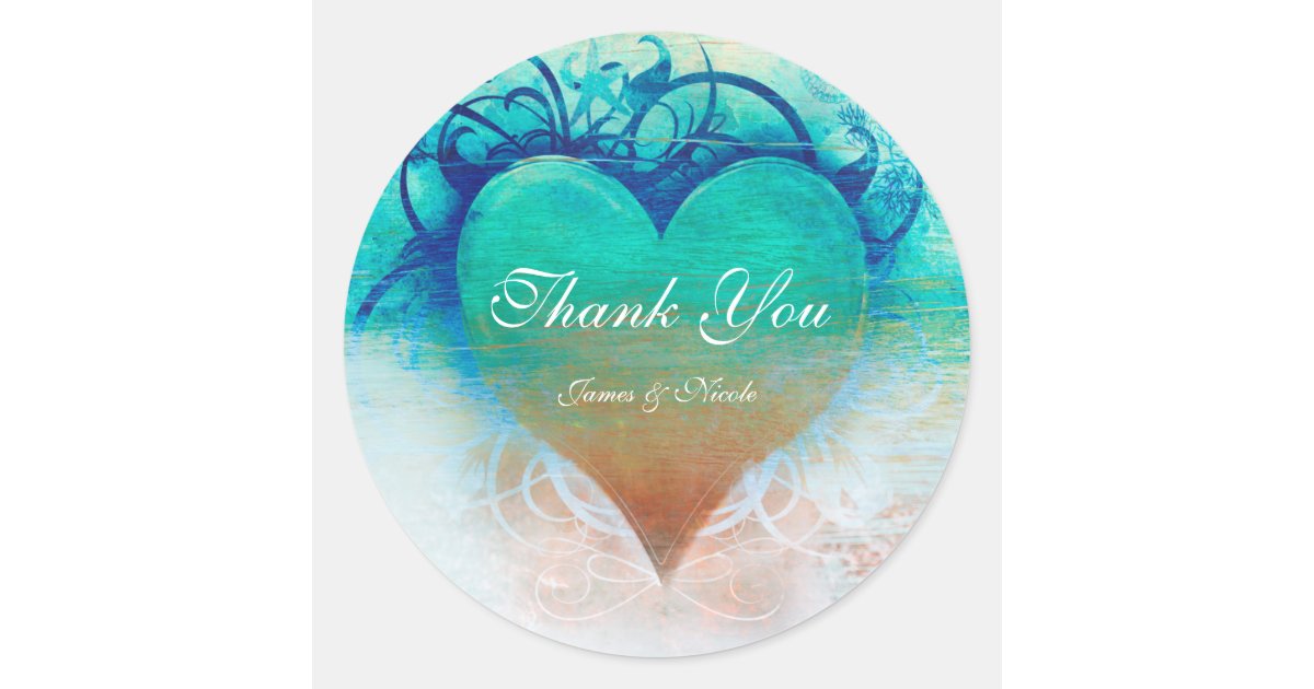 Ocean Blue Heart Grunge Tropical Beach Favour Classic Round Sticker ...