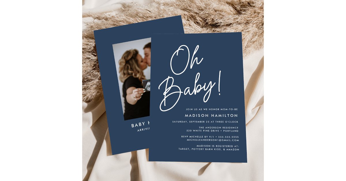 Oh Baby Script Navy Photo Baby Shower Invitation | Zazzle