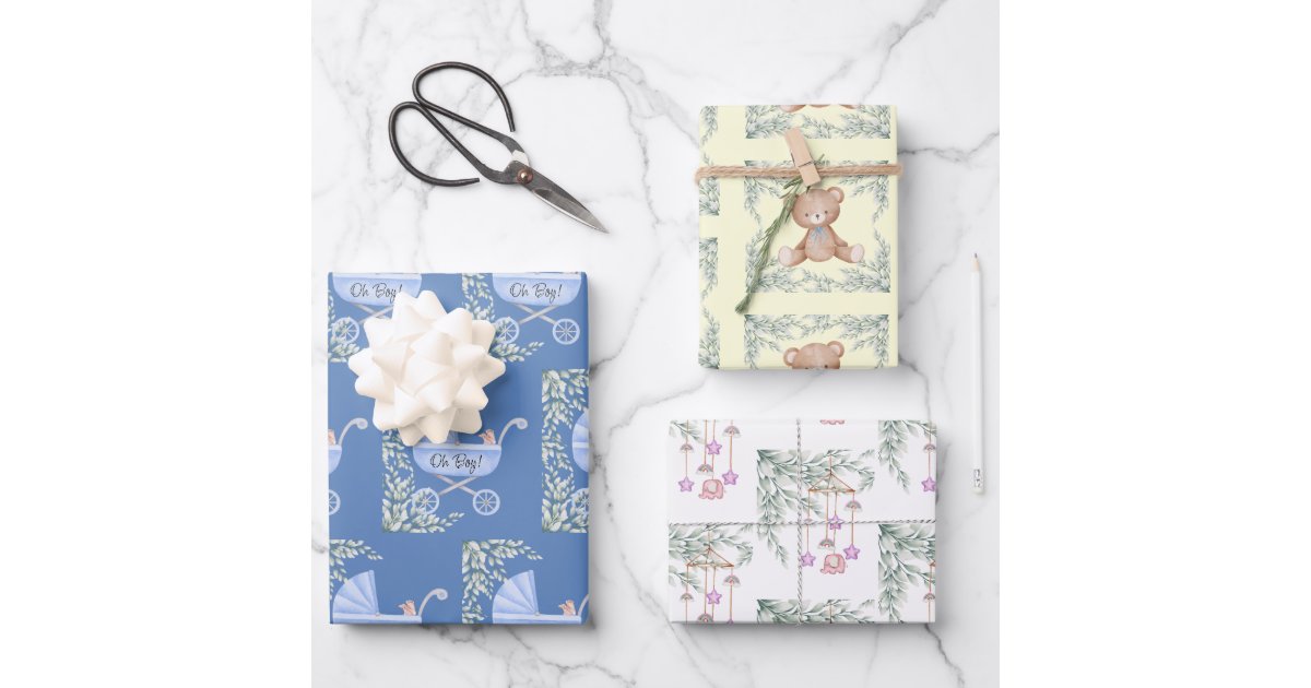 Oh Boy Baby Stroller and Mobile Wrapping Paper | Zazzle