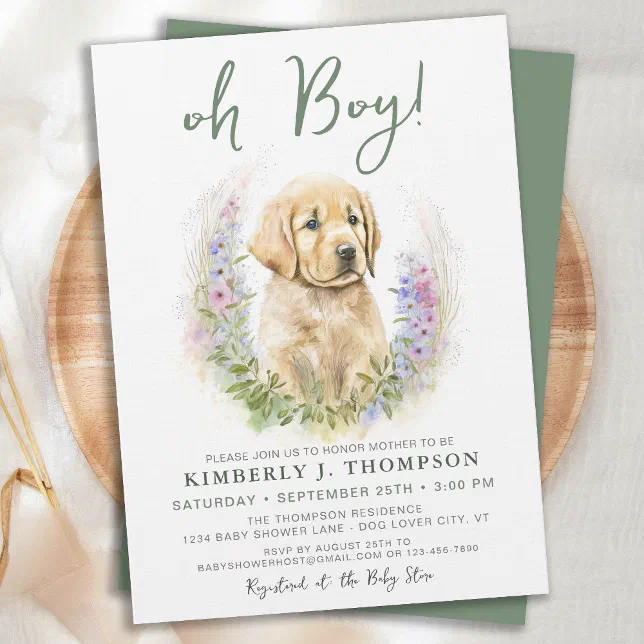Oh Boy Golden Retriever Cute Puppy Dog Baby Shower Invitation | Zazzle