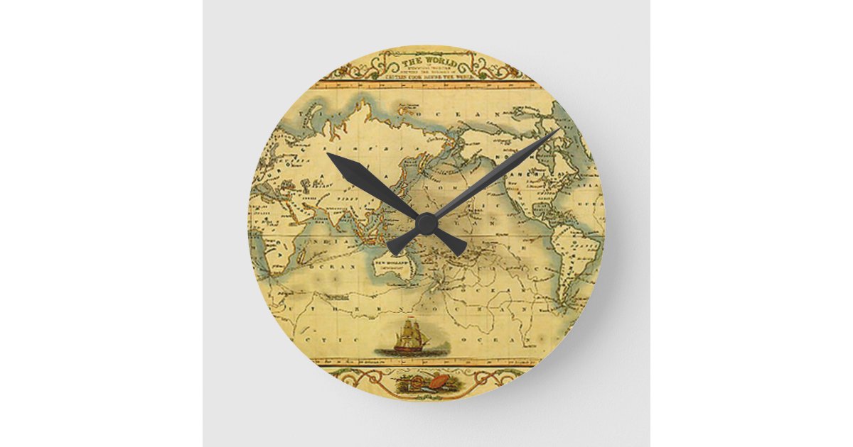 Old Antique World Map Round Clock | Zazzle