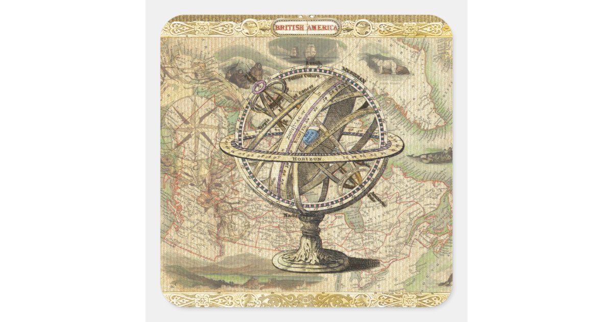 Old British America Explore Polar Bear Compass Map Square Sticker | Zazzle