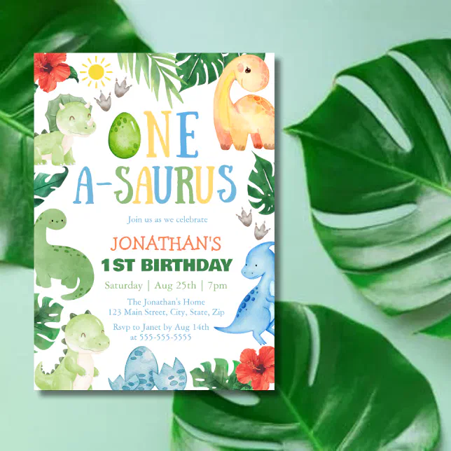 One A-Saurus Dino 1st Birthday Invitation | Zazzle
