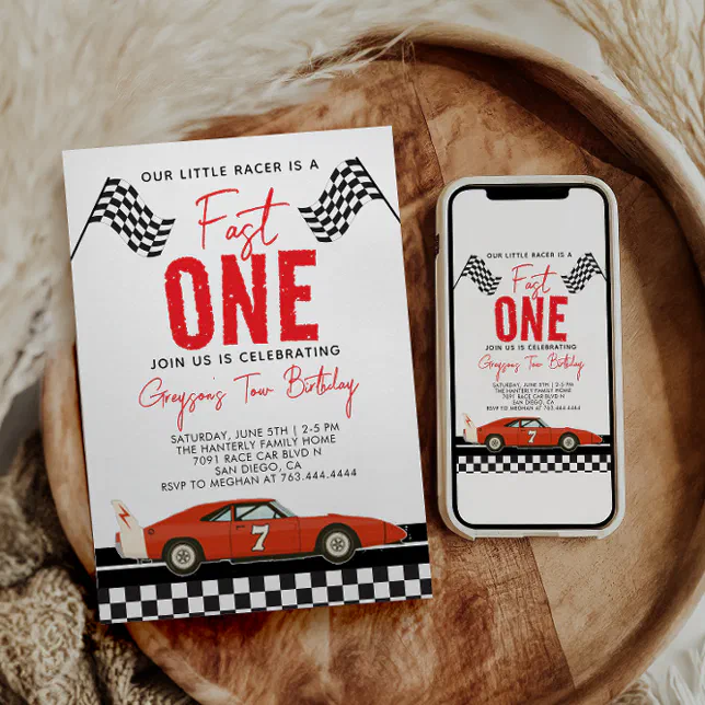 One Fast Race Car Boy 1st Birthday Party Invitation | Zazzle