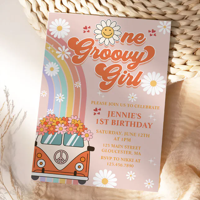 One Groovy Girl Retro Rainbow 1st Birthday Invitation | Zazzle