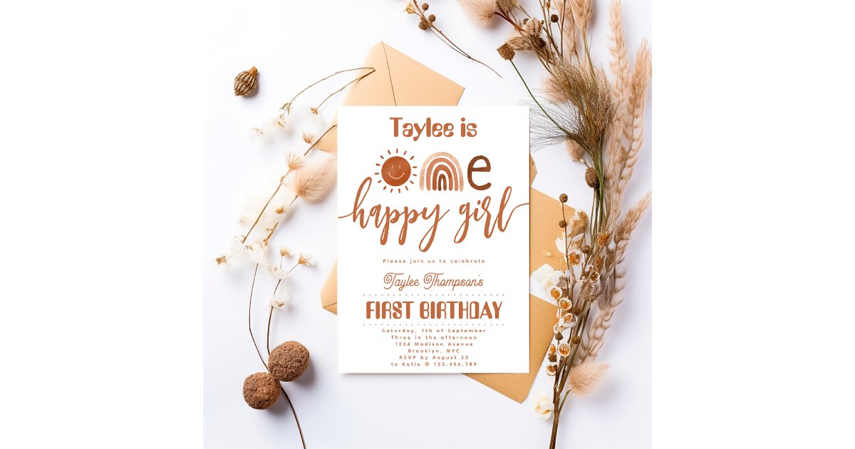 One Happy Girl Boho Rainbow Sunshine Birthday Invitation | Zazzle