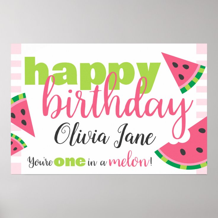 One in a Melon Watermelon Happy Birthday Custom Poster | Zazzle