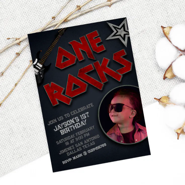 One Rocks with Picture - Rockstar 1st Birthday Invitation | Zazzle