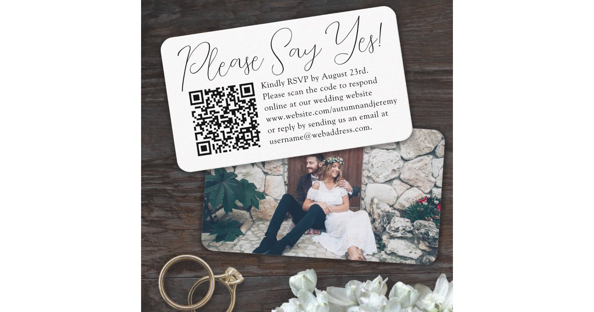 Online Wedding RSVP QR Code & Photo Please Say Yes Enclosure Card | Zazzle