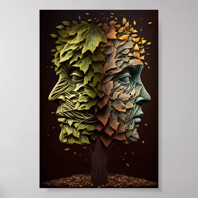 Optical Illusion Tree Faces With Leaves Blowing Poster | Zazzle