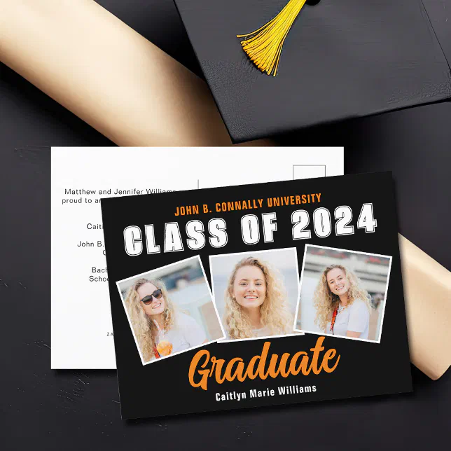 Orange Black Graduation Photo Collage Graduate Announcement Postcard ...
