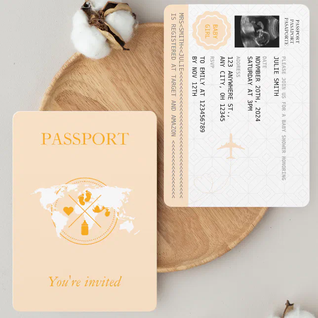 Orange Passport Travel Girl Baby Shower World Map Invitation | Zazzle