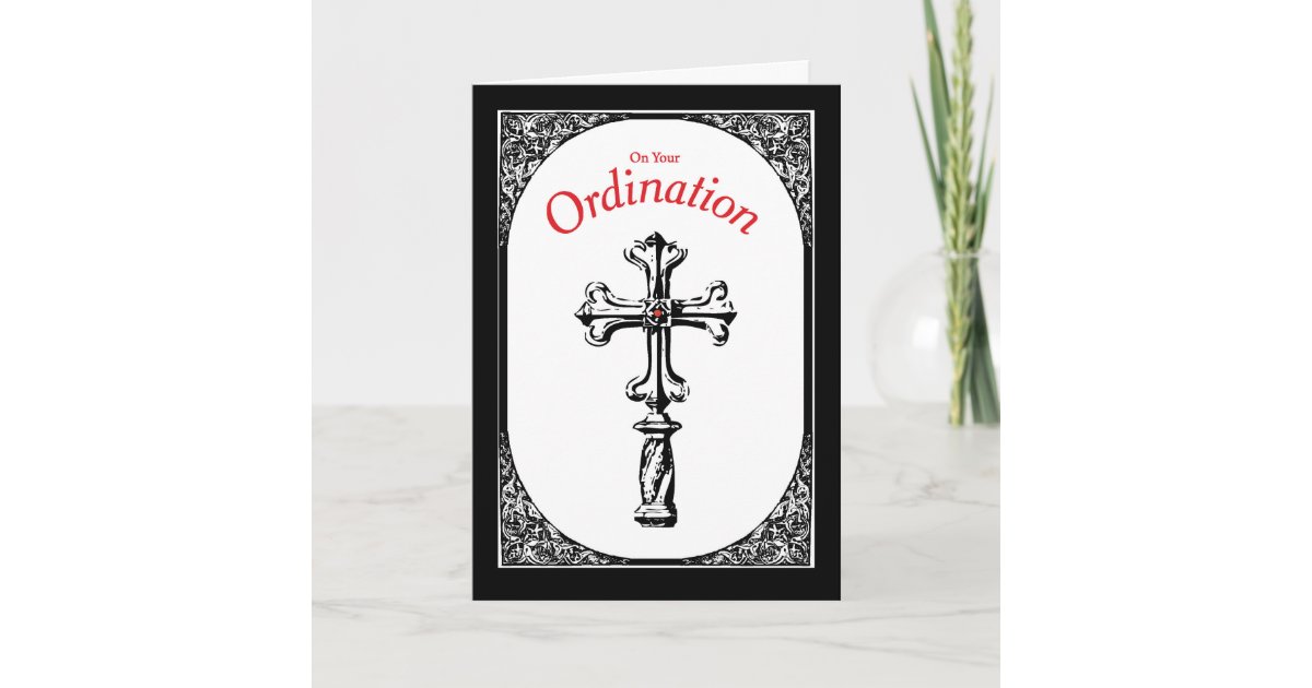Ordination Congratulations Cross on Black Card | Zazzle
