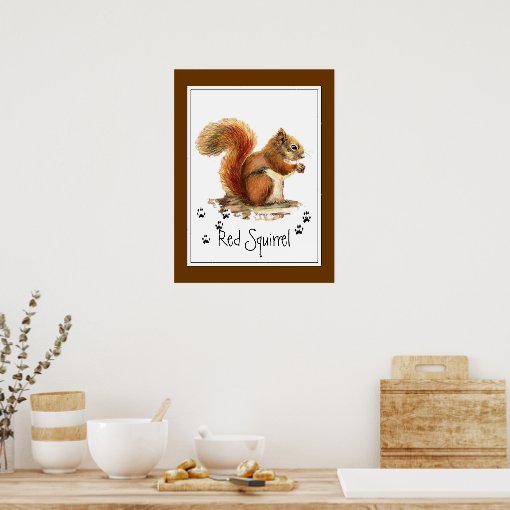 Original Watercolor Red Squirrel Tracks Animal Poster | Zazzle