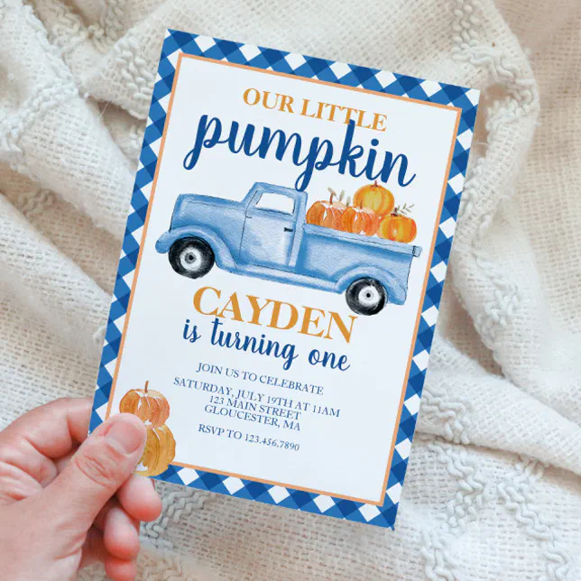 Our Little Pumpkin Blue truck Fall Birthday Invitation | Zazzle