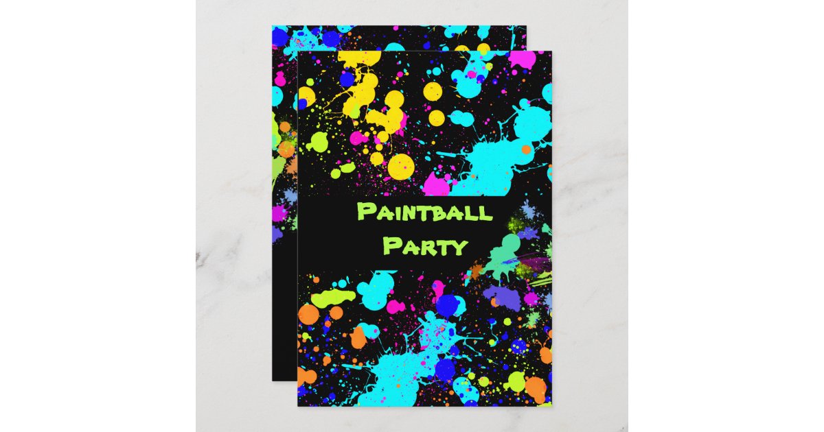 Paint Splatter, Faux Neon, Paint Ball Invitation | Zazzle