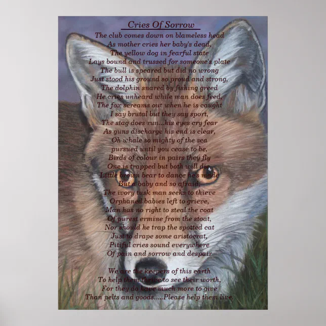 painting of red fox with sad wildlife poem poster | Zazzle