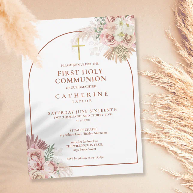 Pampas Grass Arch First Holy Communion Invitation | Zazzle