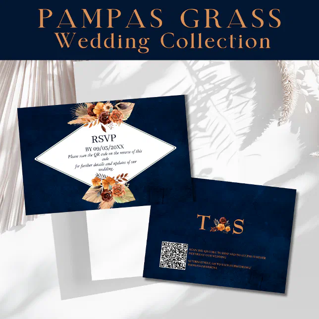Pampas Grass Navy Blue Autumn Fall QR Code RSVP Card | Zazzle