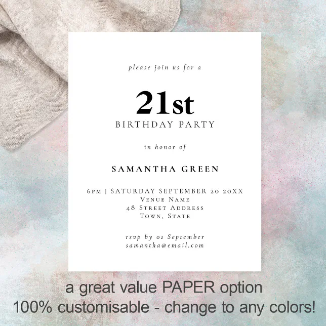 PAPER Simple Text Any Colour 21st Birthday Invite | Zazzle