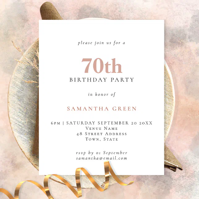 PAPER Simple Text Blush 70th Birthday Invitation | Zazzle