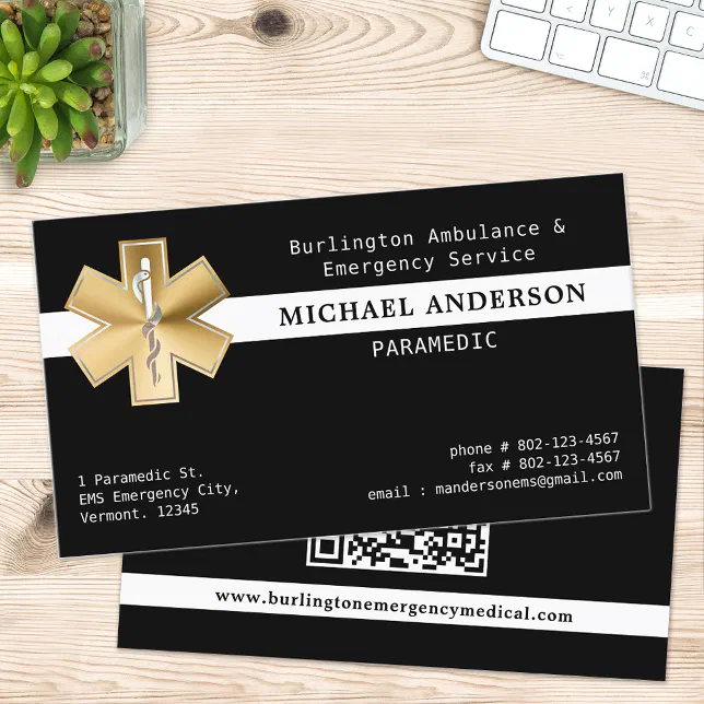 Paramedic EMS EMT Gold Ambulance Logo QR Code Business Card | Zazzle