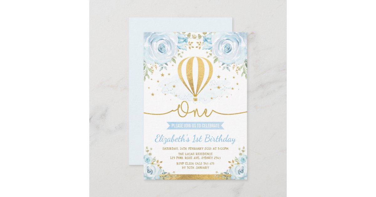 Pastel Blue Floral Hot Air Balloon 1st Birthday Invitation Zazzle