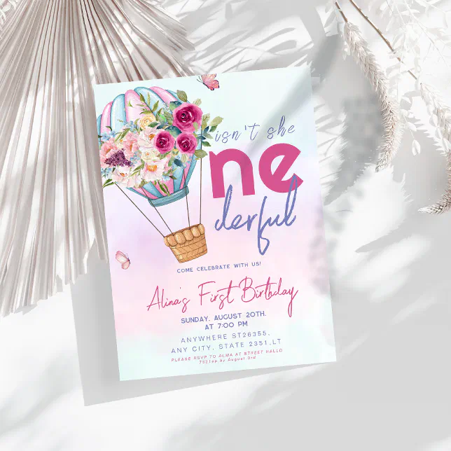 Pastel Hot Air Ballon Onederful 1st Birthday Invitation | Zazzle