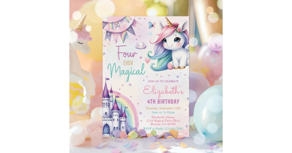 Pastel Unicorn Four Ever Magical 4th Birthday Invitation | Zazzle