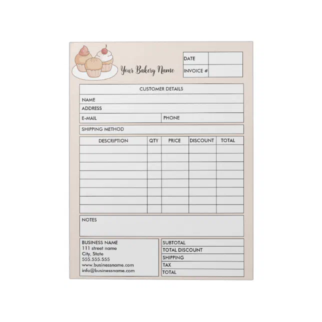 Pastry Cupcake Bakery Sales Form Receipt Invoice Notepad | Zazzle
