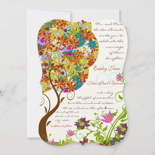 Patch Work Flower Love Tree Wedding Invitation | Zazzle