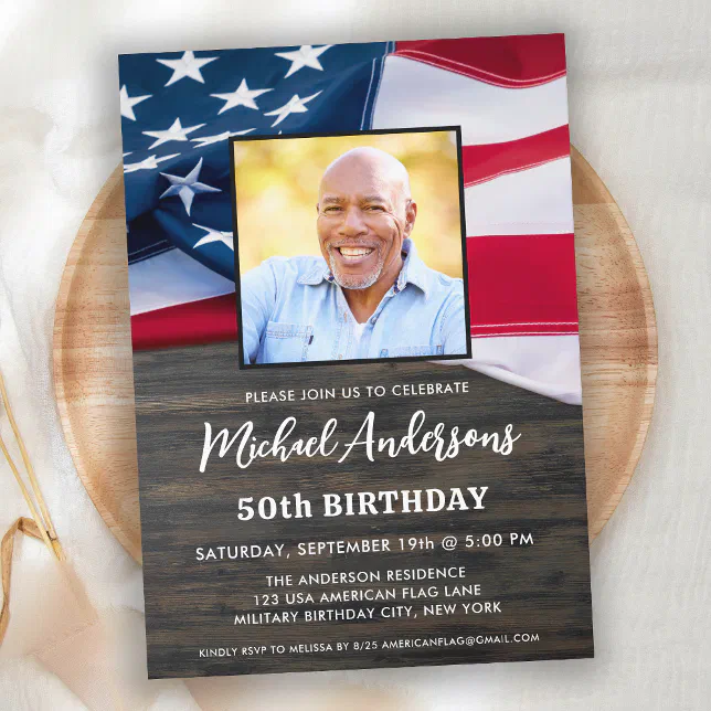 Patriotic Custom Photo USA American Flag Birthday Invitation | Zazzle
