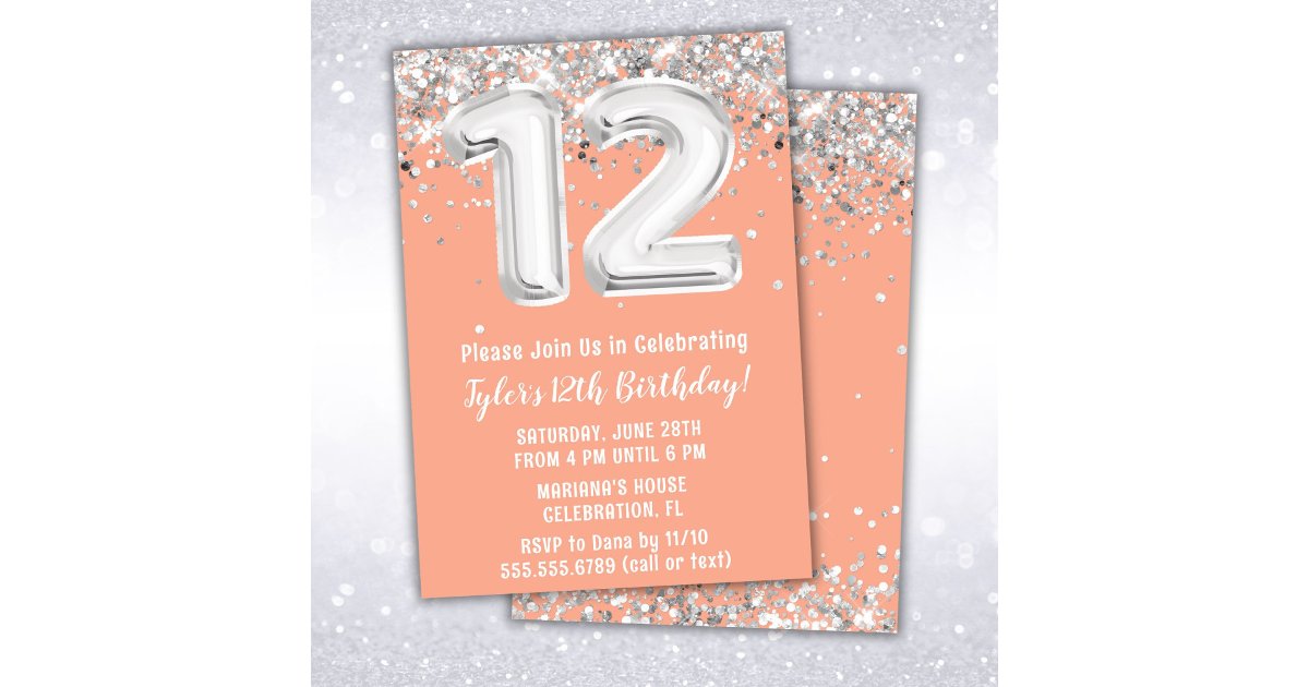 Peach and Silver 12th Birthday Invitation | Zazzle