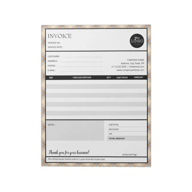 Peach Border Small Business Invoice Template Notepad | Zazzle