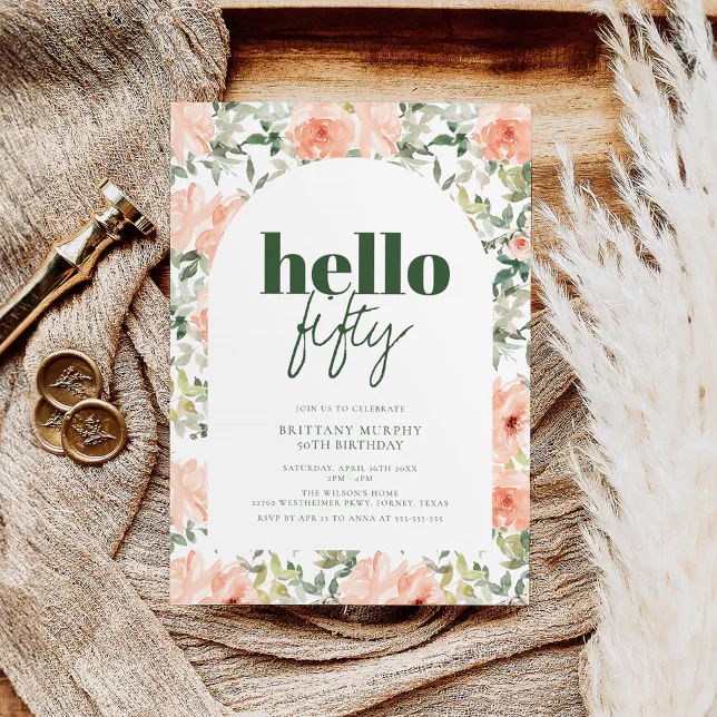 Peach Flowers Arch Trendy Modern 50th Birthday Invitation | Zazzle