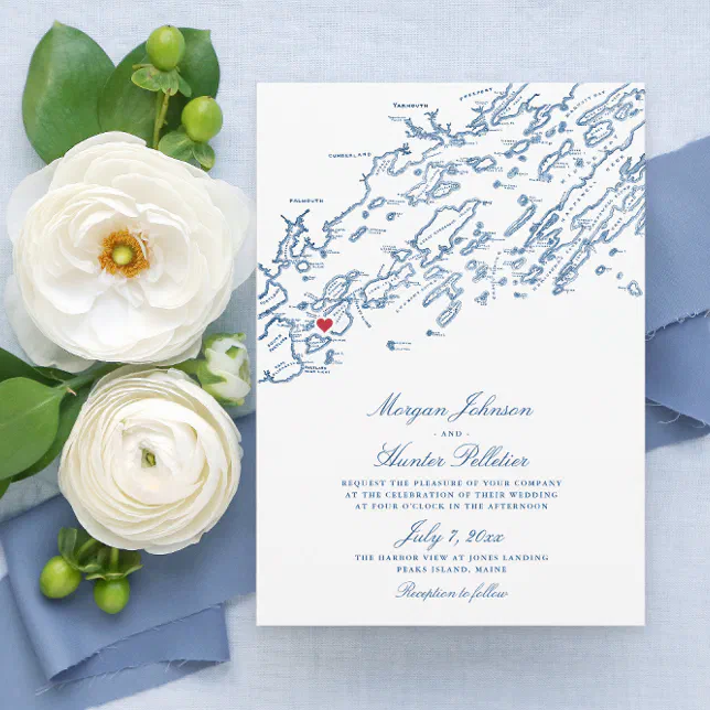 Peaks Island Casco Bay Elegant Navy Map Wedding Invitation | Zazzle