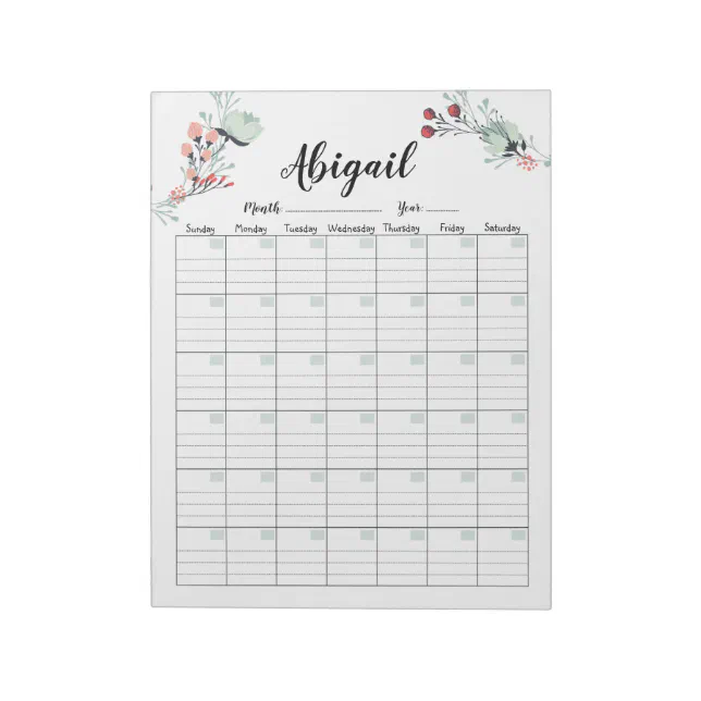 Perpetual Monthly Planner Calendar Cute Floral Notepad | Zazzle