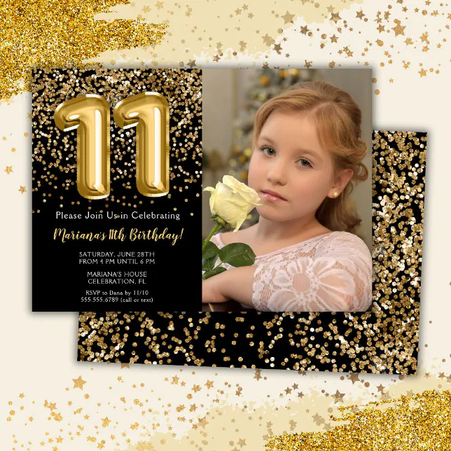 Photo Black Gold Kids Girl 11th Birthday Party Invitation | Zazzle