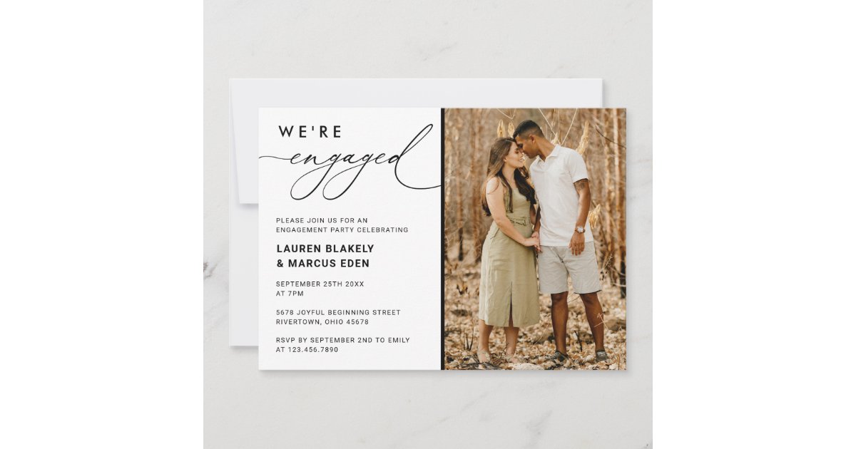 Photo Calligraphy We're Engaged Engagement Party Invitation | Zazzle