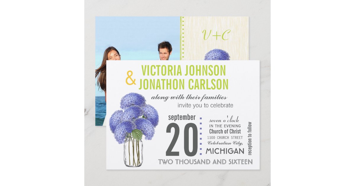 Photo Lavender Lime Hydrangea Mason Jar Wedding Invitation | Zazzle