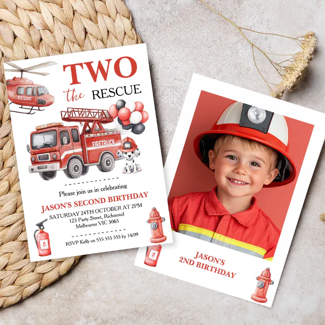Photo Red Two The Rescue Fire Truck Birthday Invitation | Zazzle